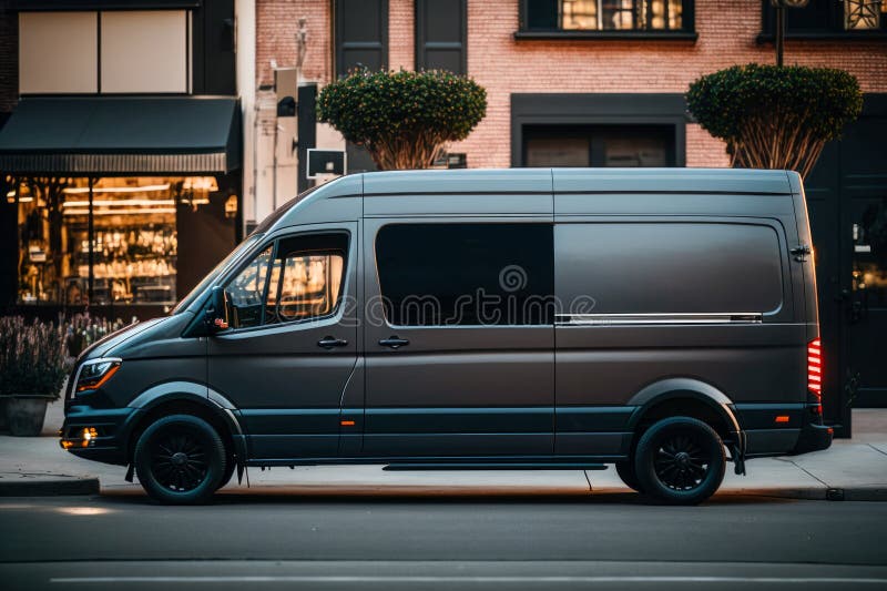 Dark Grey Cargo Van. City Street Background. Side View Stock Photo ...