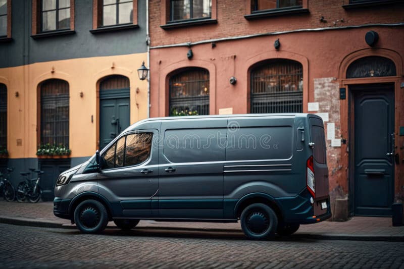 Dark Grey Cargo Van. City Street Background. Side View Stock Photo ...