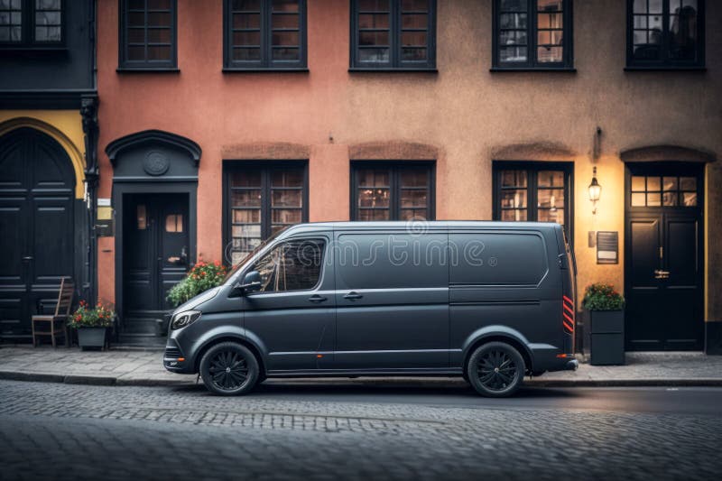 Dark Grey Cargo Van. City Street Background. Side View Stock Photo ...