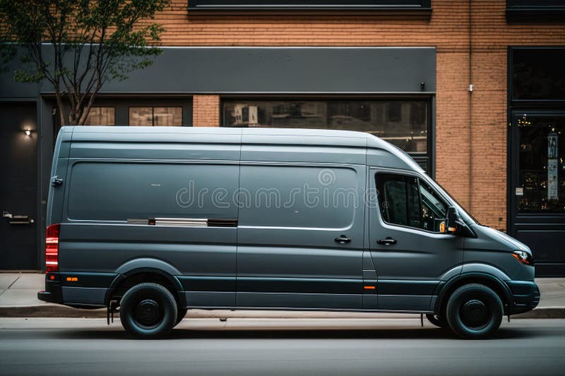 Dark Grey Cargo Van. City Street Background. Side View Stock Photo ...
