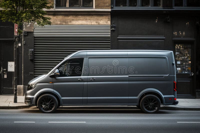 Dark Grey Cargo Van. City Street Background. Side View Stock Photo ...
