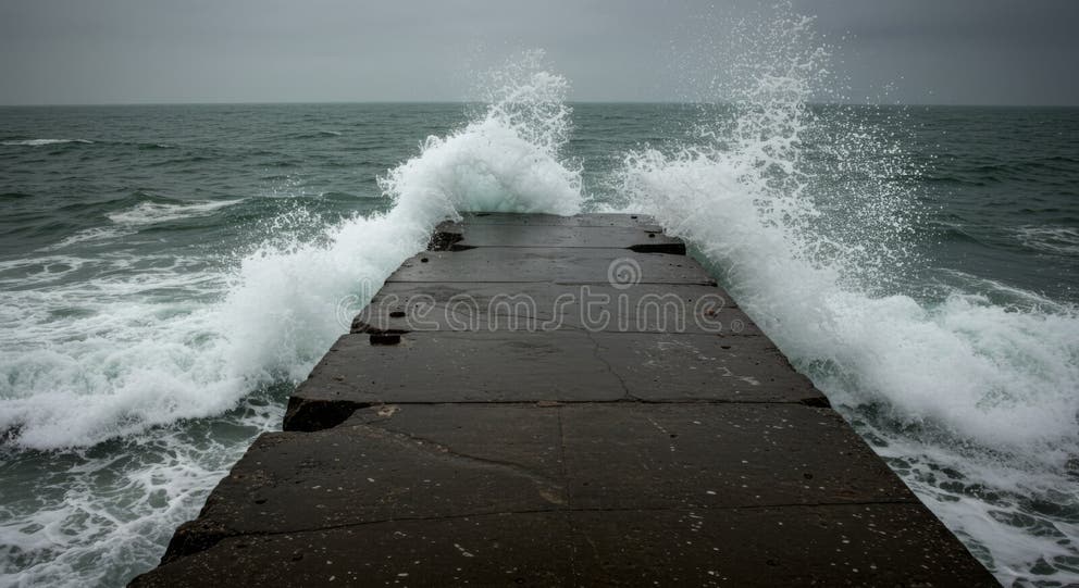 Dark Grey Concrete Pier Battered by Intense Ocean Waves Stock ...