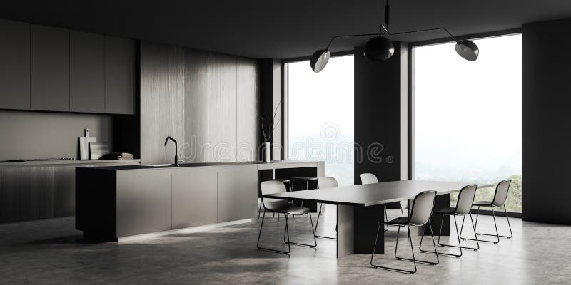 Dark Grey Cooking Interior with Countertop, Sink and Dining Table Stock ...