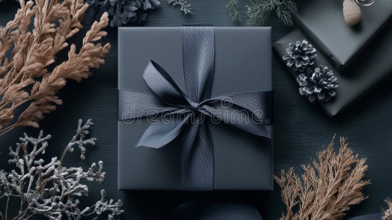 Dark Grey Gift Box with Black Ribbon and Winter Decor Stock ...