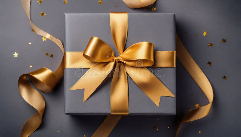 Dark Grey Gift Box with Gold Satin Ribbon - Generative AI Stock Image ...