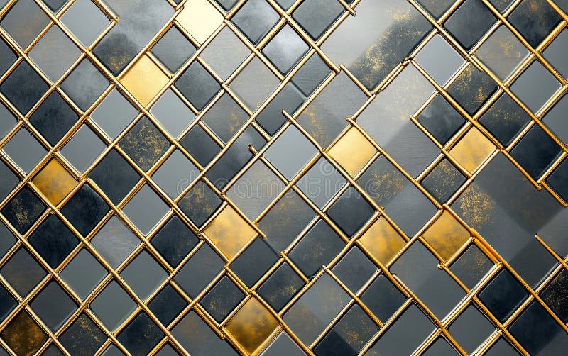 Dark Grey and Gold Metal Tiles Form a Luxurious Diamond Grid Pattern ...