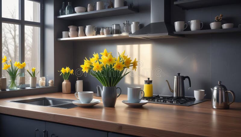 Dark Grey Kitchen Design - Detail of Interior. Spring Flower Daffodil ...