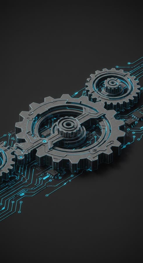 Dark Grey Metallic Gears with Blue Digital Lines Stock Illustration ...