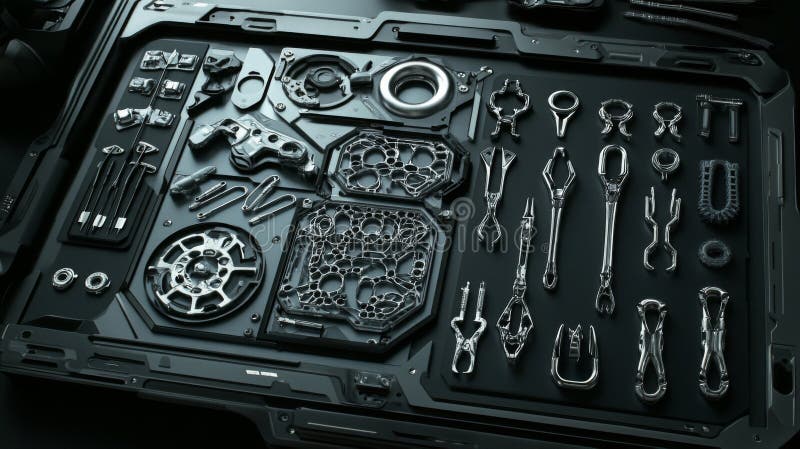 Dark Grey Metallic Tools and Parts Organized on a Futuristic Panel ...