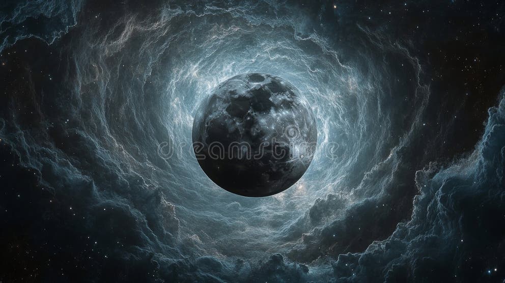 Dark Grey Moon in a Blue Spiral Galaxy Stock Illustration ...