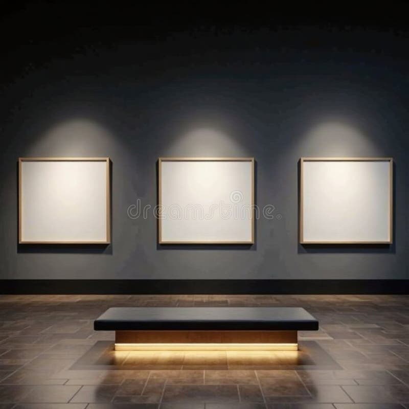 Dark Grey Museum Interior, Empty Frames, Illuminated Bench , Serene ...