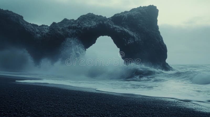 Dark Grey Ocean Waves Crashing through Coastal Rock Arch Stock ...