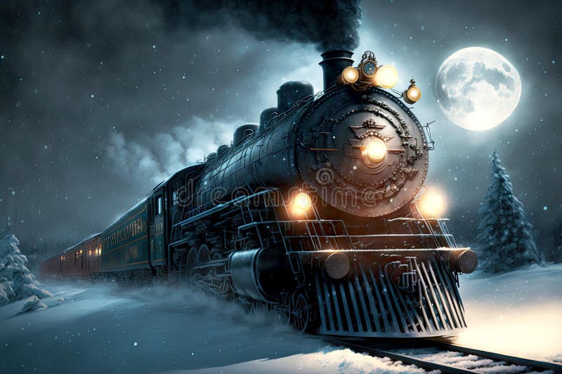 Dark Grey Polar Express Train with Burning Lights Stock Illustration ...
