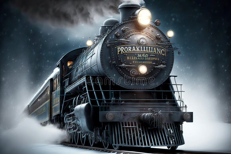 Dark Grey Polar Express Train with Burning Lights Stock Illustration ...