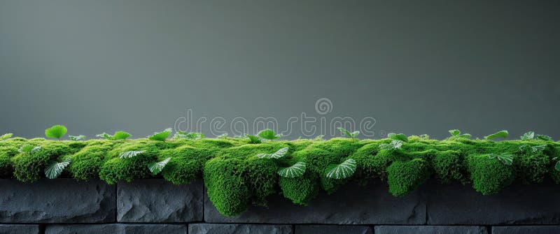Dark Grey Stone Wall Covered with Bright Green Moss Texture. Stock ...