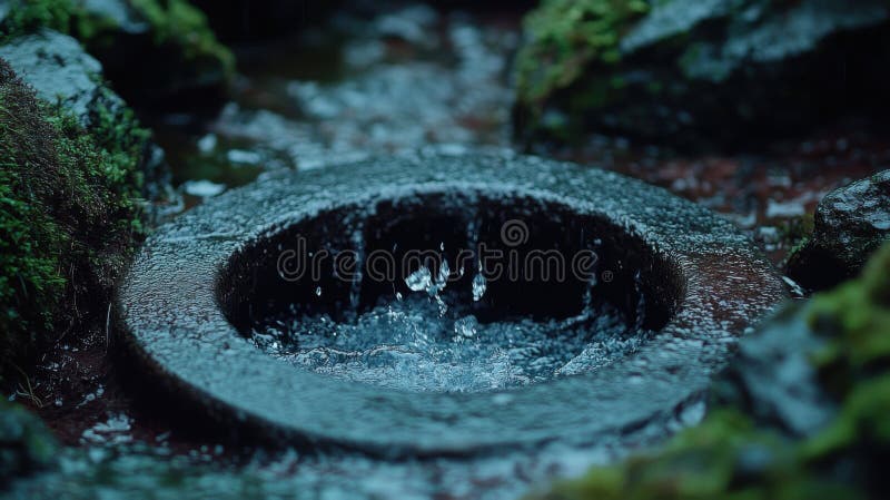 Dark Grey Stone Water Basin with Rain Drops and Green Moss Stock ...