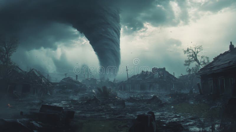 Dark Grey Tornado Devastating a Town Stock Illustration - Illustration ...