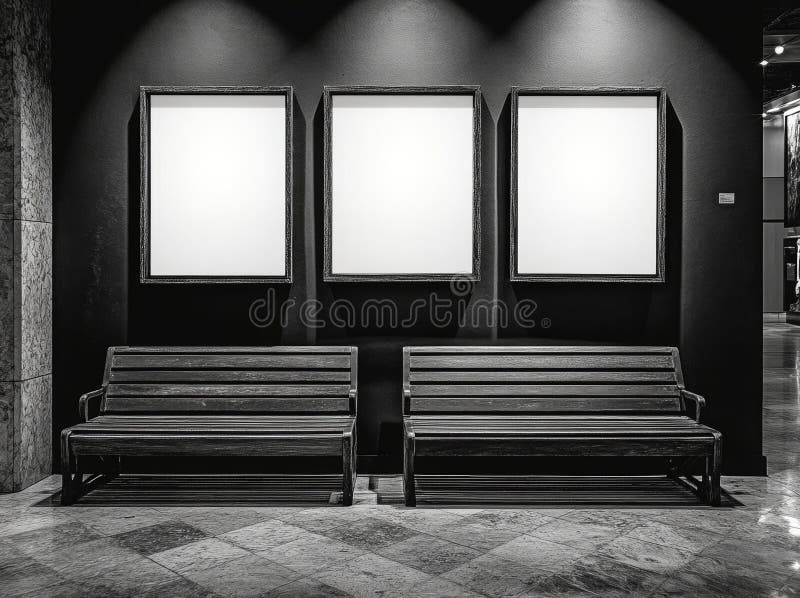 On a Dark Grey Wall, Three Empty White Museum Frames are Illuminated ...