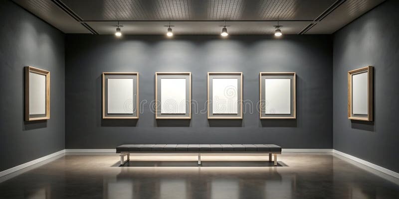 Dark Grey Walled Museum with Empty White Frames and an Unoccupied Bench ...