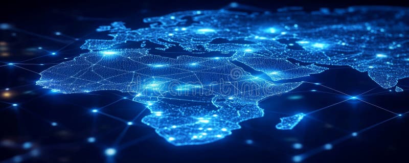 A Dark Grid Background Features a Pixelated Blue Map of Africa Stock ...