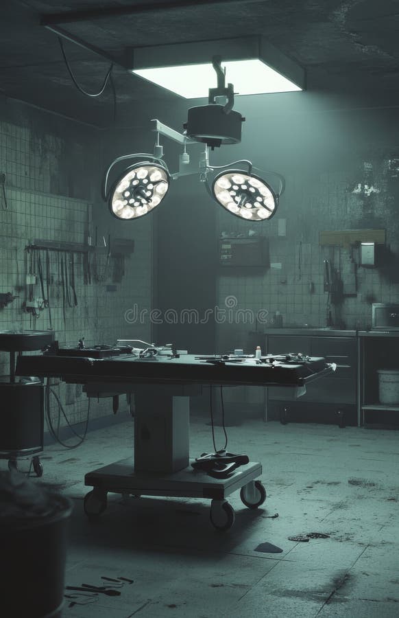 Grimy Operating Room Interior with Dim Lighting and Surgical Table ...