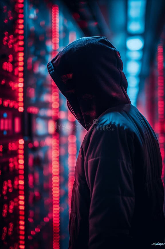 A Dark Hacker Standing in a Server Room with Red Neon Lights, the Dark ...