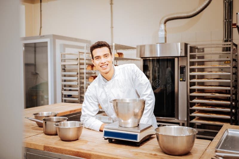 Dark-haired Baker Weighing Some Flour for Future Pastry Stock Image ...
