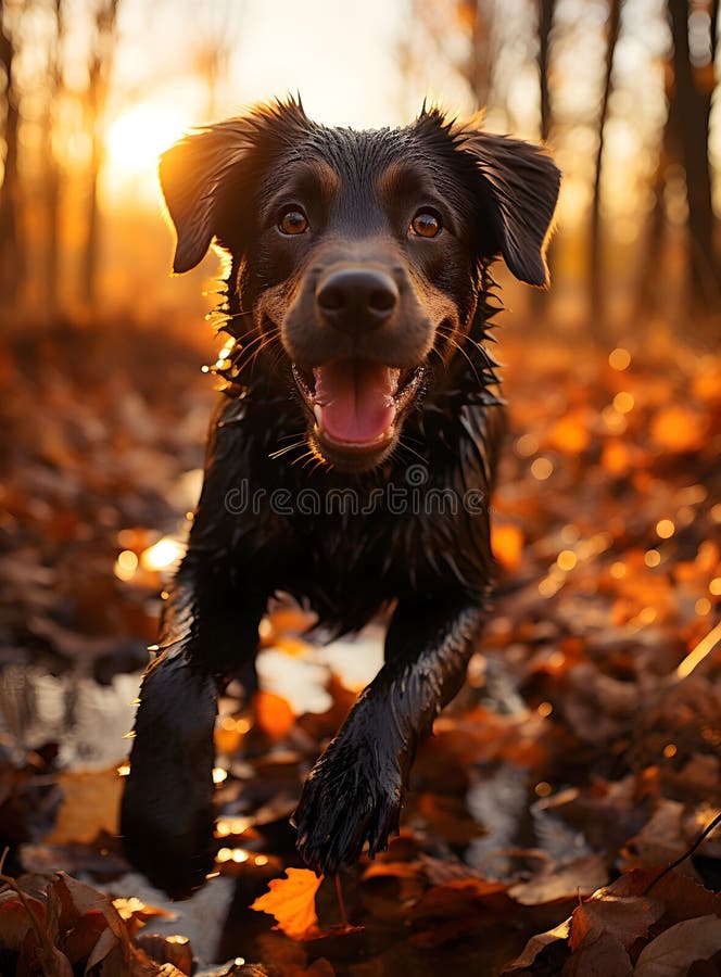 Dark-haired Labrador Running Amidst a Fall Forest, AI-generated. Stock ...