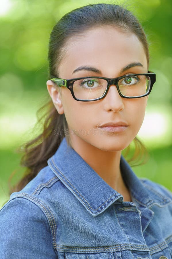Dark-haired Young Woman in Denim Stock Image - Image of lady, closeup ...
