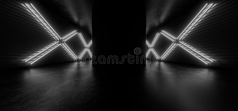 Dark Hall with Bright White Neon Lights on a Black Background. 3d ...