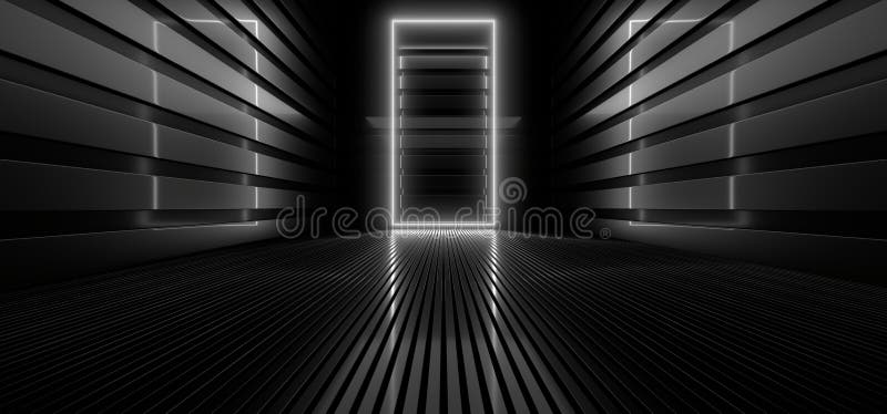 A Dark Hall Lit by White Neon Lights. Reflections on the Floor and ...