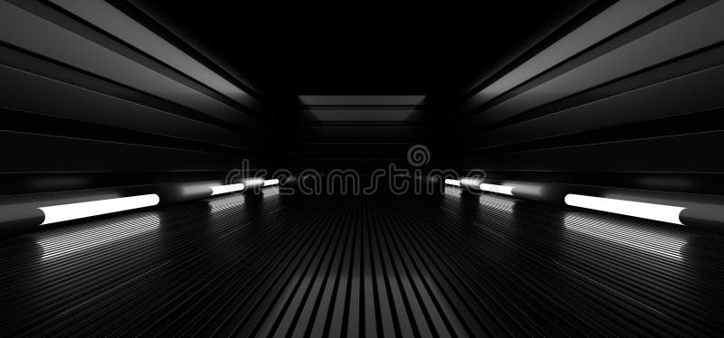 A Dark Hall Lit by White Neon Lights. Reflections on the Floor and ...