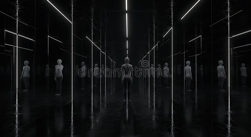 A Dark Hall with Mirrored Walls Creating Infinite Reflections. the ...