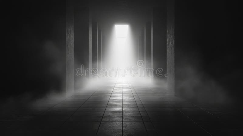 Dark Hallway with Bright Light and Fog Stock Illustration ...