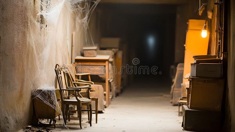 A Dark Hallway with a Few Chairs and a Table Stock Illustration ...