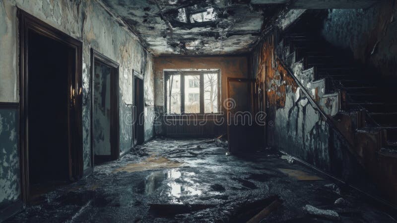 Dark Hallway in a Fire Damaged Building Stock Illustration ...