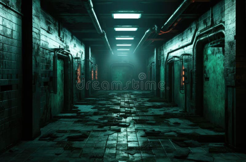 A Dark Hallway with Many Doors and Ceiling Lights Stock Photo - Image ...