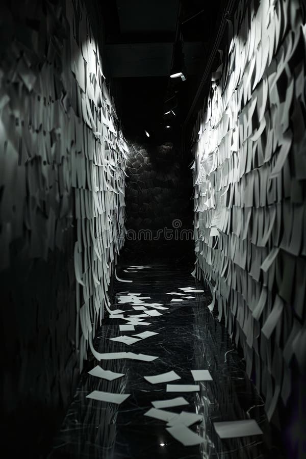A Dark Hallway with Many Pieces of Paper on the Floor Stock Image ...