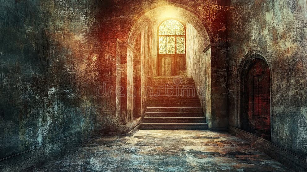 Dark Hallway with Stone Staircase and Grunge Texture Stock Illustration ...