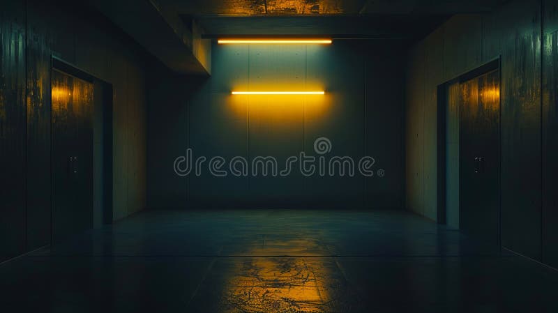 A Dark Hallway with Yellow Lights and Doors Stock Image - Image of ...