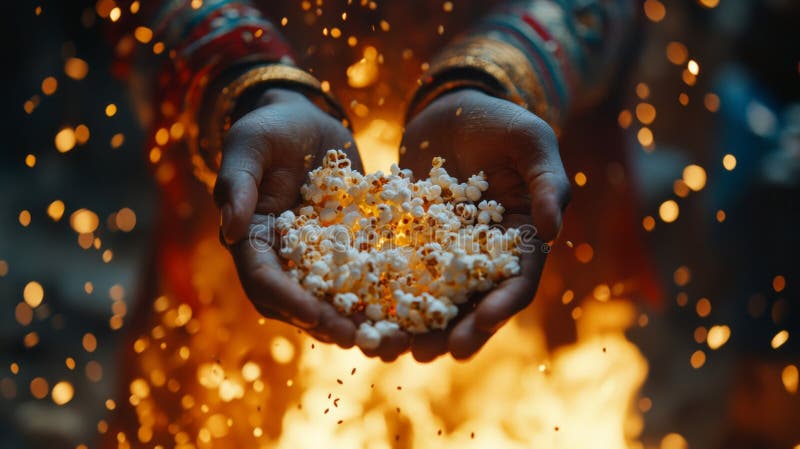 Dark Hands Hold Popcorn Against a Fire Stock Illustration ...