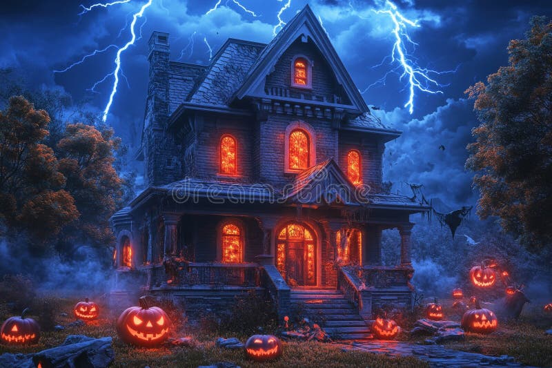 The Dark and Haunted House, Set Against a Stormy Sky with Lightning ...