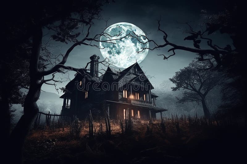 Dark Haunted House Under the Full Moon with Bats and Scary Atmosphere ...