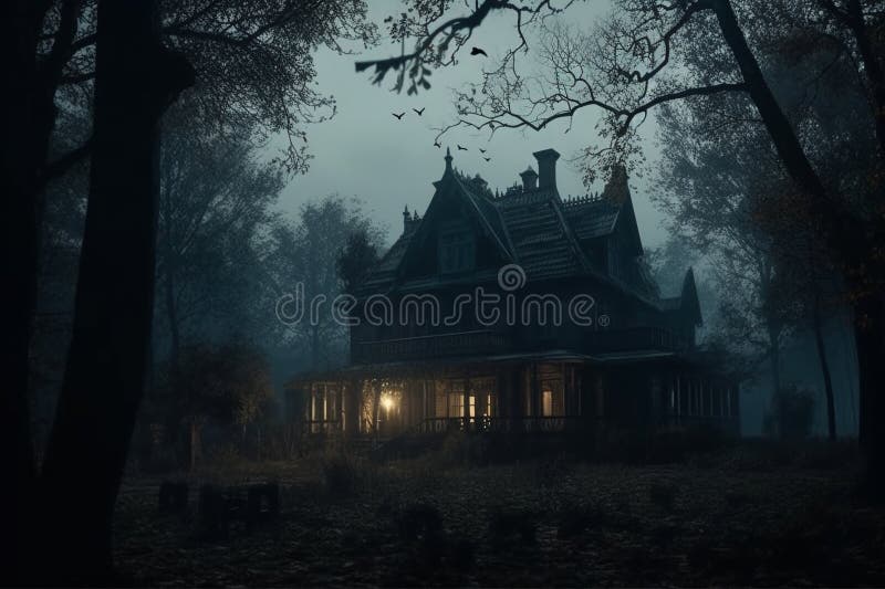 Dark Haunted House Under the Full Moon with Bats and Scary Atmosphere ...