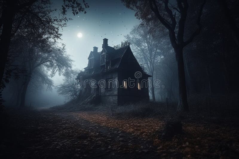 Dark Haunted House Under the Full Moon with Bats and Scary Atmosphere ...