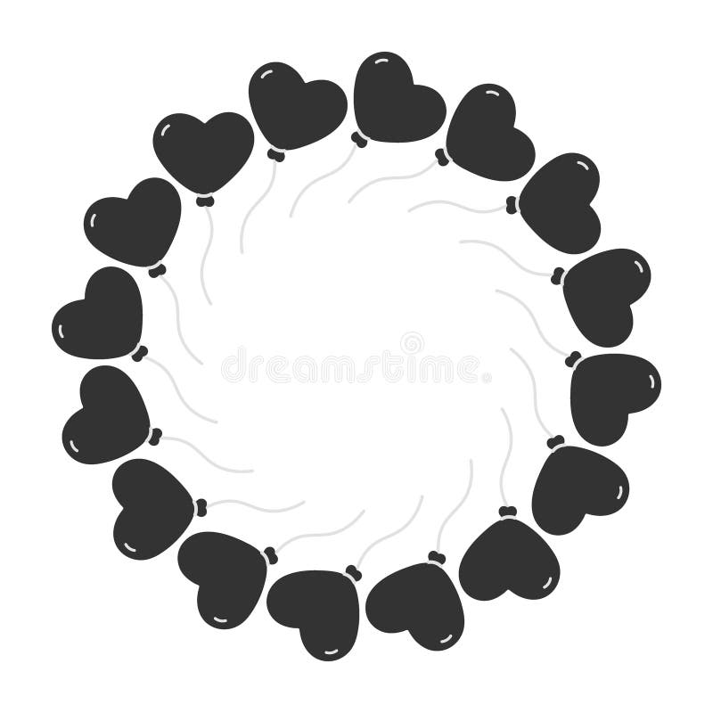 Dark Heart Shape Balloon on String Circle Frame Border in Grayscale ...