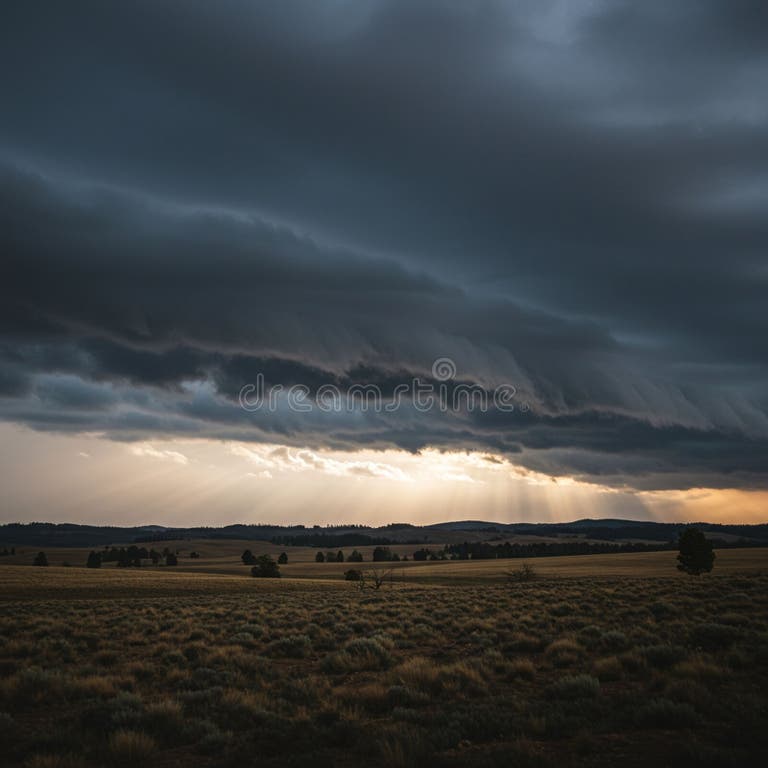 Dark, Heavy Storm Clouds Stretch Across a Vast Plain, Creating a ...