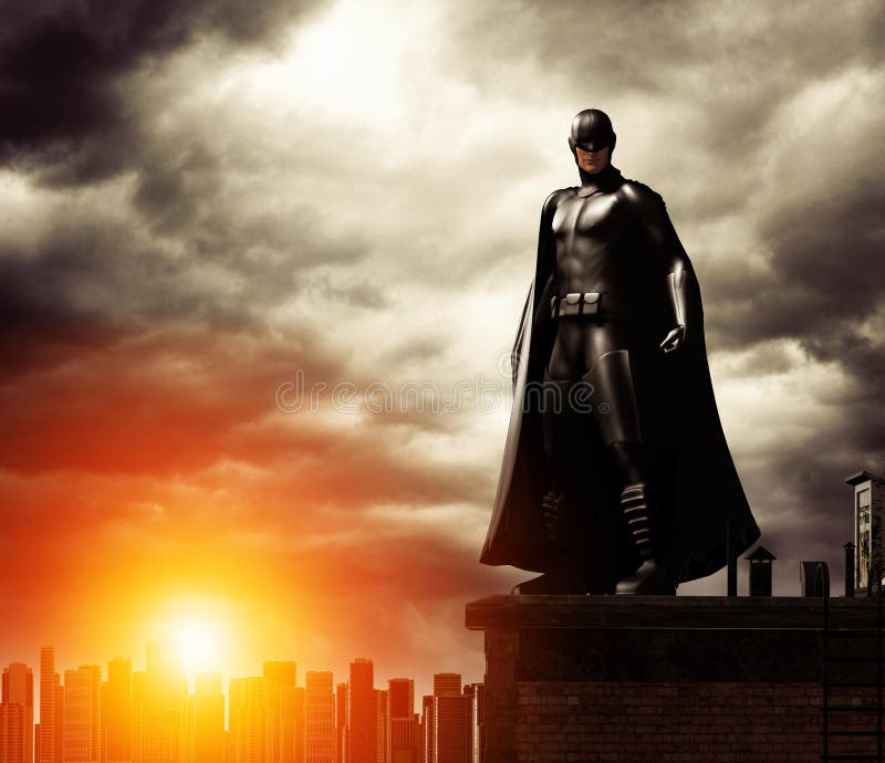 Dark Superhero on Rooftop Overlooking Cityscape Stock Illustration ...