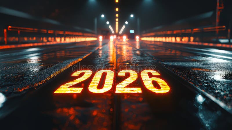 Dark Highway Illuminated by Light Trails and 2026 Glowing on the ...