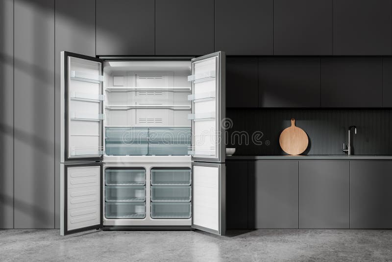 Dark Home Kitchen Interior with Cooking Cabinet and Empty Opened Fridge ...